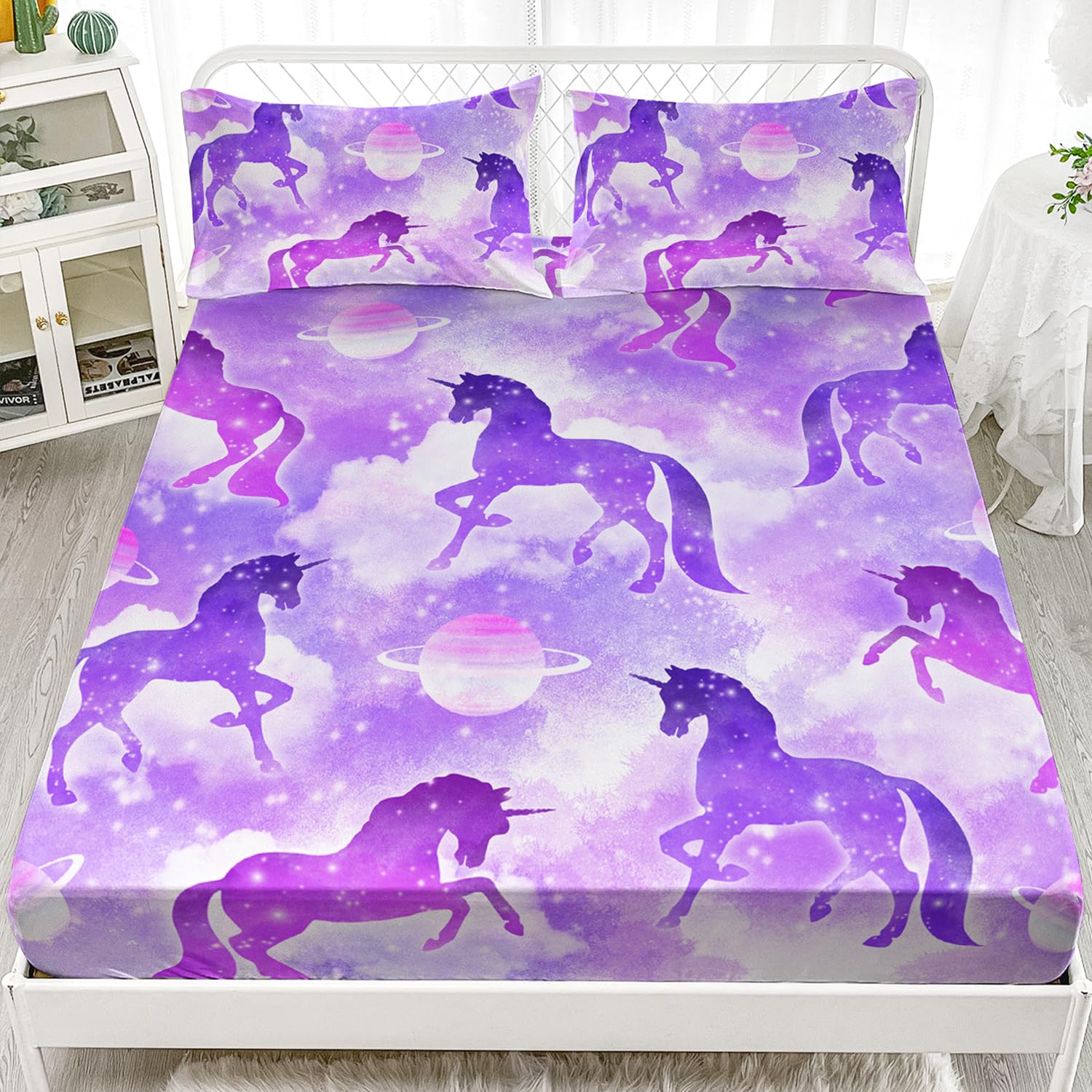 HOSIMA Purple Unicorn Bedding Sets for Girls Kids,Planet Cloud Unicorn Fitted Sheets Twin Bedding Set,Soft Microfiber Princess Toddler Bed Sheet Set with 15-Inch Deep Pockets.