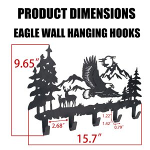 Qobumy Metal Eagle Coat Hooks Wall Mounted with 5 Hooks-Hangers and Key Holder-Clothes Hat Rack and Backpack-Heavy Duty Wall Hooks for Hanging-Animal Theme Hooks Sweet Home Wall Art Decor(Black)