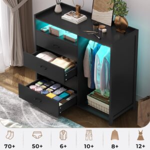 VIAGDO Dresser for Bedroom with Clothes Rail, Chest of 4 Drawers with LED Lights, Modern Black Dresser with Open Storage Space for Bedroom Entryway, Large Capacity