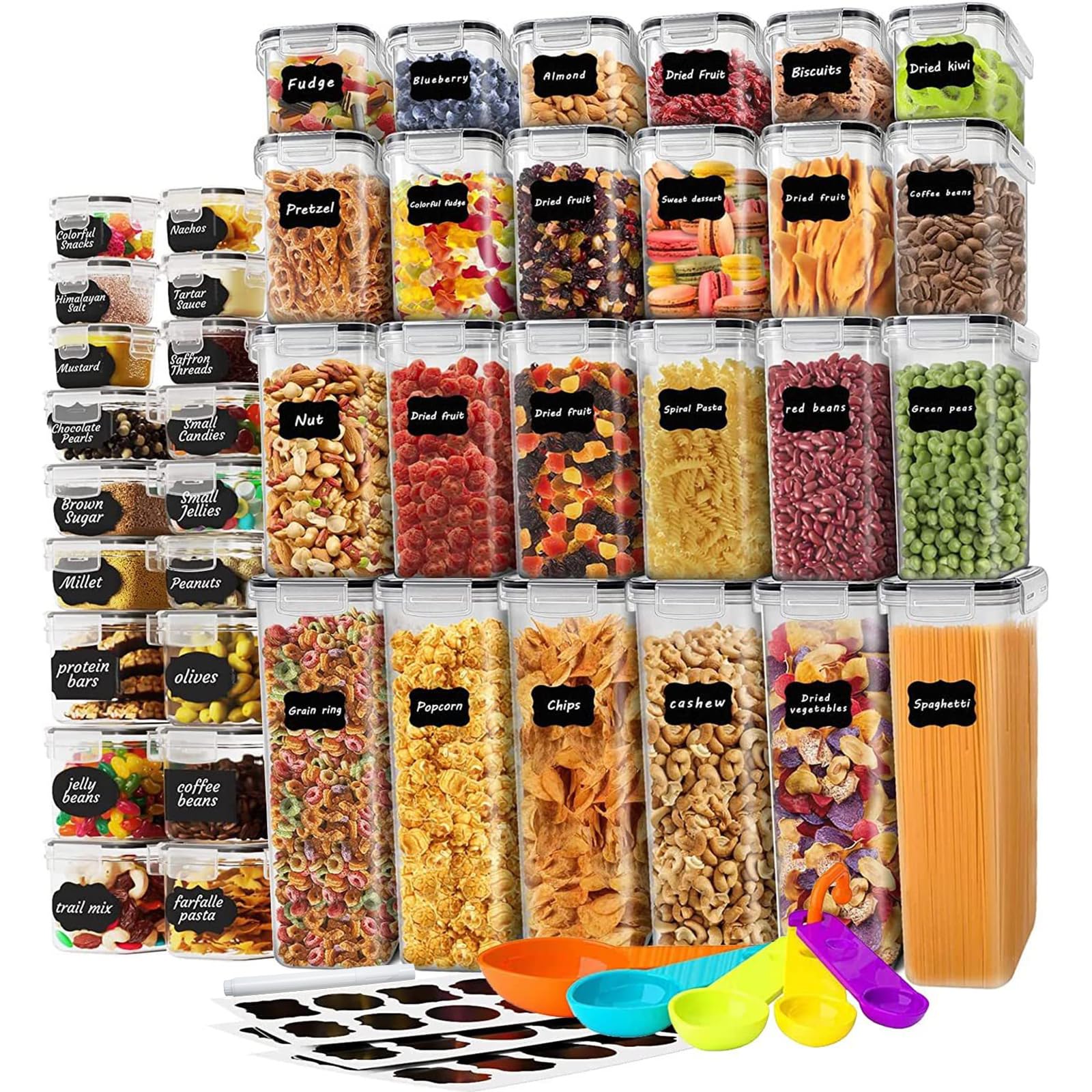 stusgo 42 Pack Airtight Food Storage Containers with Lids, Plastic Kitchen and Organization Canisters for Cereal, Flour and Sugar, Includes Spoons, Labels and a Pen