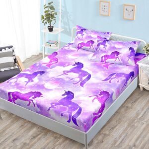 hosima purple unicorn bedding sets for girls kids,planet cloud unicorn fitted sheets twin bedding set,soft microfiber princess toddler bed sheet set with 15-inch deep pockets.