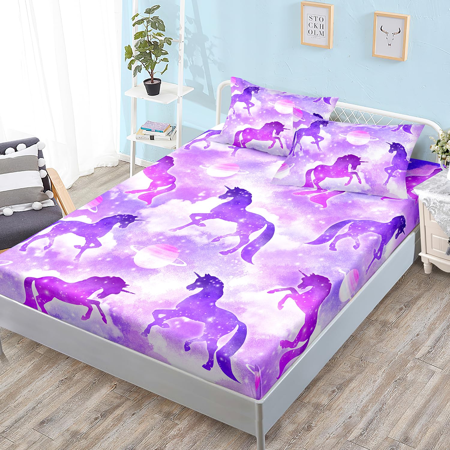 HOSIMA Purple Unicorn Bedding Sets for Girls Kids,Planet Cloud Unicorn Fitted Sheets Twin Bedding Set,Soft Microfiber Princess Toddler Bed Sheet Set with 15-Inch Deep Pockets.