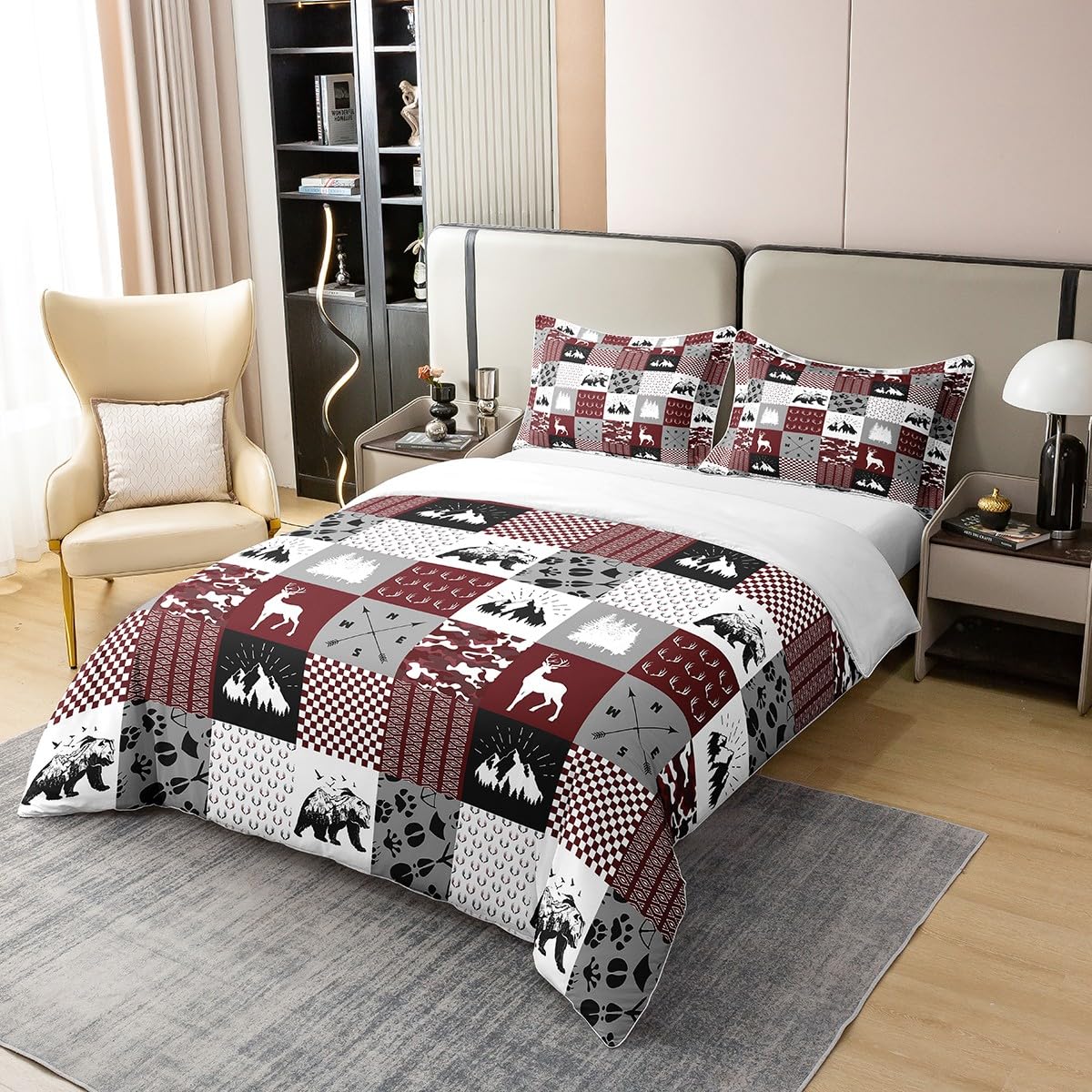 Rustic Patchwork 100% Cotton Duvet Cover Queen Size, Bear Moose Deer Comforter Cover, Retro Camouflage Bedding Set, Farmhouse Hunting Theme Soft Breathable Bedspread Cover with Zipper & Corner Ties