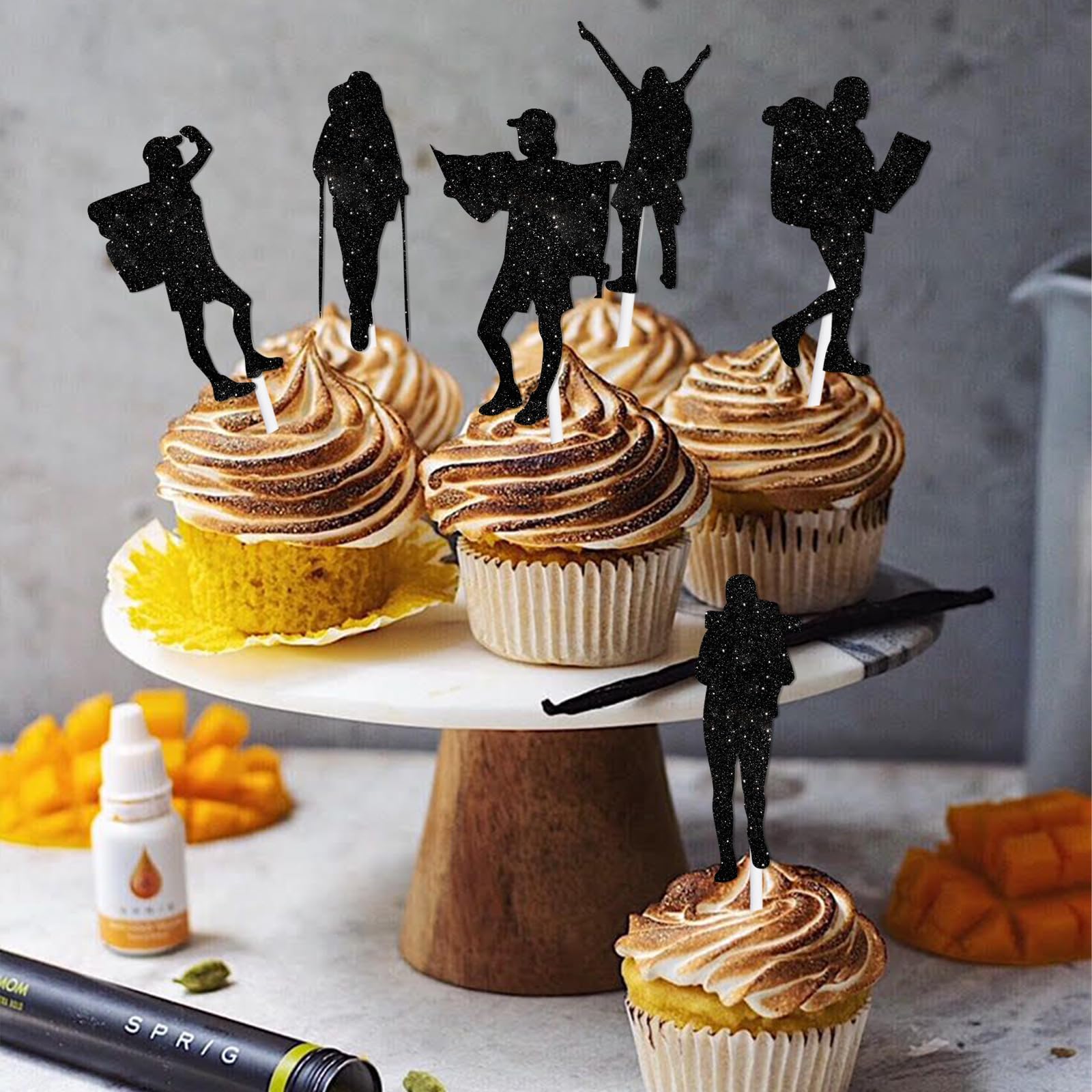 18pcs Black Glitter Silhouette Dessert Cupcake Topper Adventure Awaits Bon Voyage Tree Mountain Wilderness Forest Theme Decorations Retirement Graduation Travel Party Decor Supplies