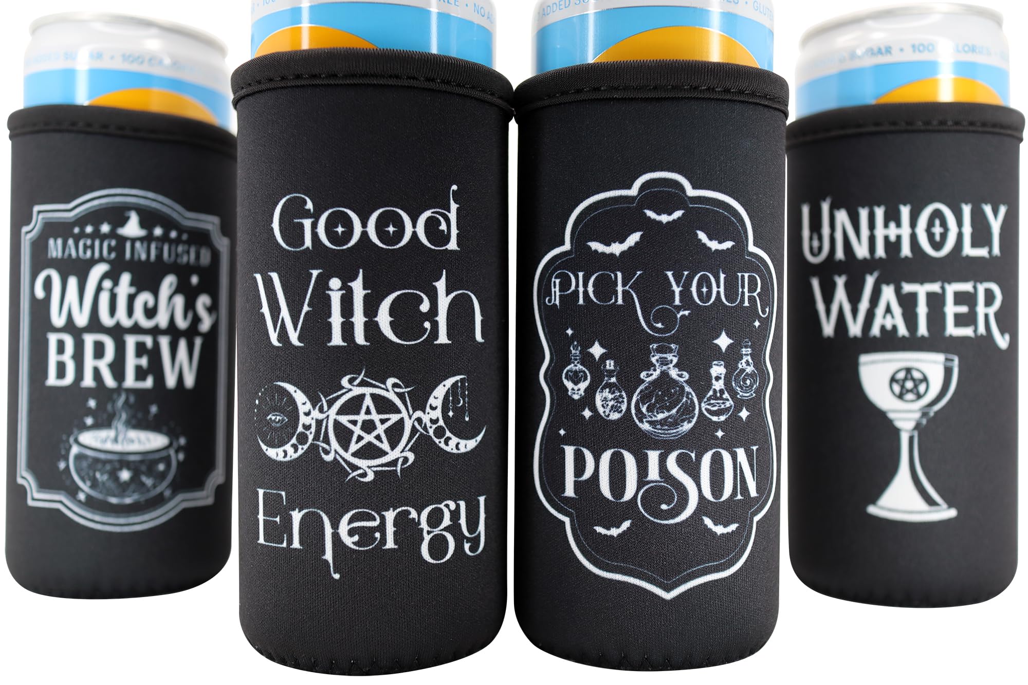 Witchy 12oz Slim Can Coolers - Stocking Stuffer Gothic Gift for Women, Adult Boo Basket for Her, Goth Car Accessories, Insulated 12 oz. Tall Skinny Can Cooler, Funny Witch Stuff Slim Can Sleeves