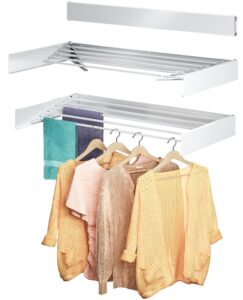 kenvc wall mounted drying rack 40", laundry drying rack collapsible, 16.5 linear ft 5 aluminum rods 60 lb capacity with wall template screwdriver bit drill bit (40", no hook white)