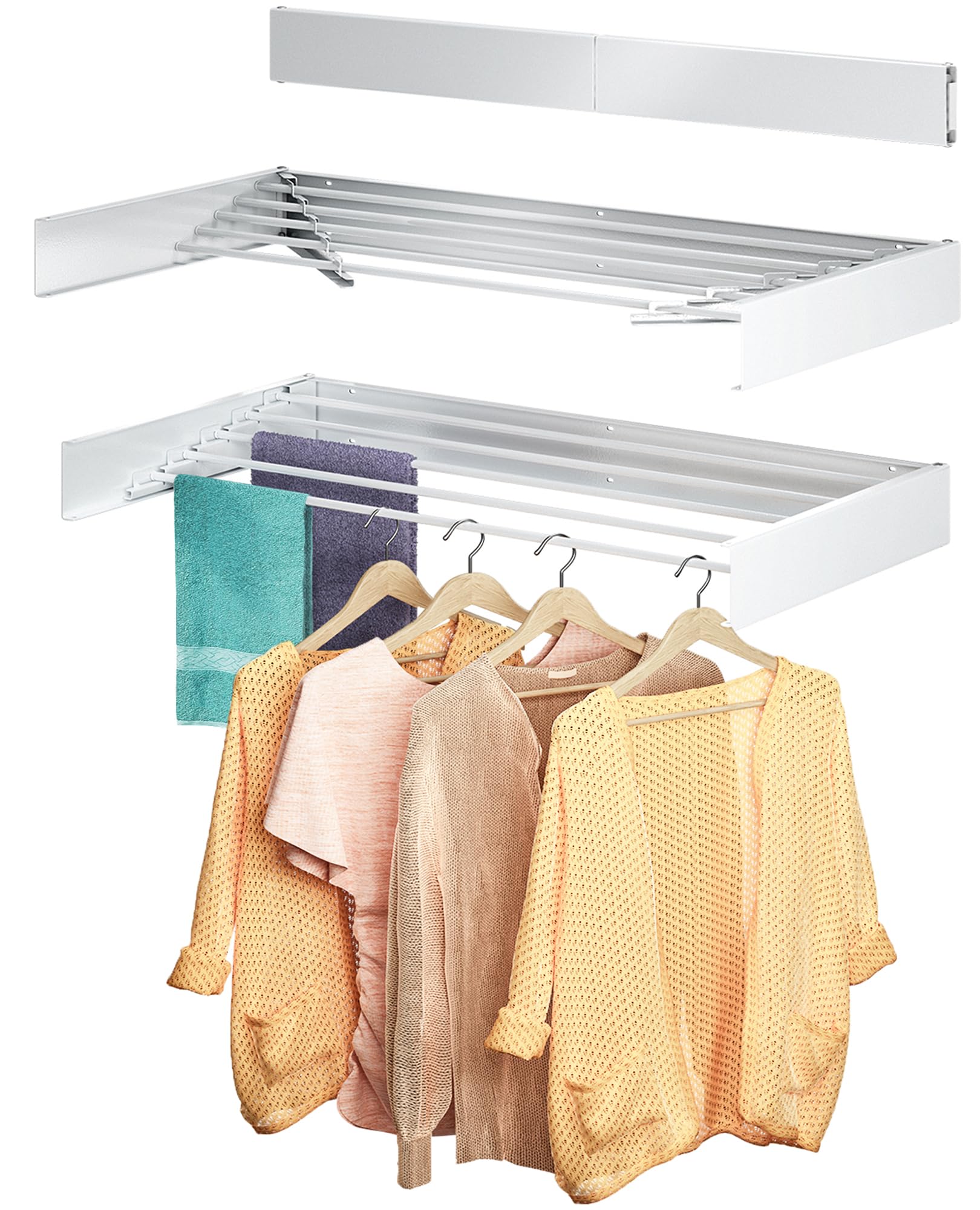 kenvc Wall Mounted Drying Rack 40", Laundry Drying Rack Collapsible, 16.5 Linear Ft 5 Aluminum Rods 60 lb Capacity with Wall Template Screwdriver Bit Drill Bit (40", No Hook White)