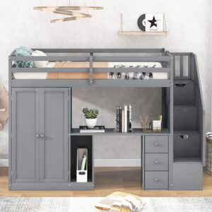 gray twin size loft bed with stairs and desk, wooden twin loft bed with wardrobe and storage drawers, high loft bed frame for kids, teens, adults boys & girls, loft bed twin with storage