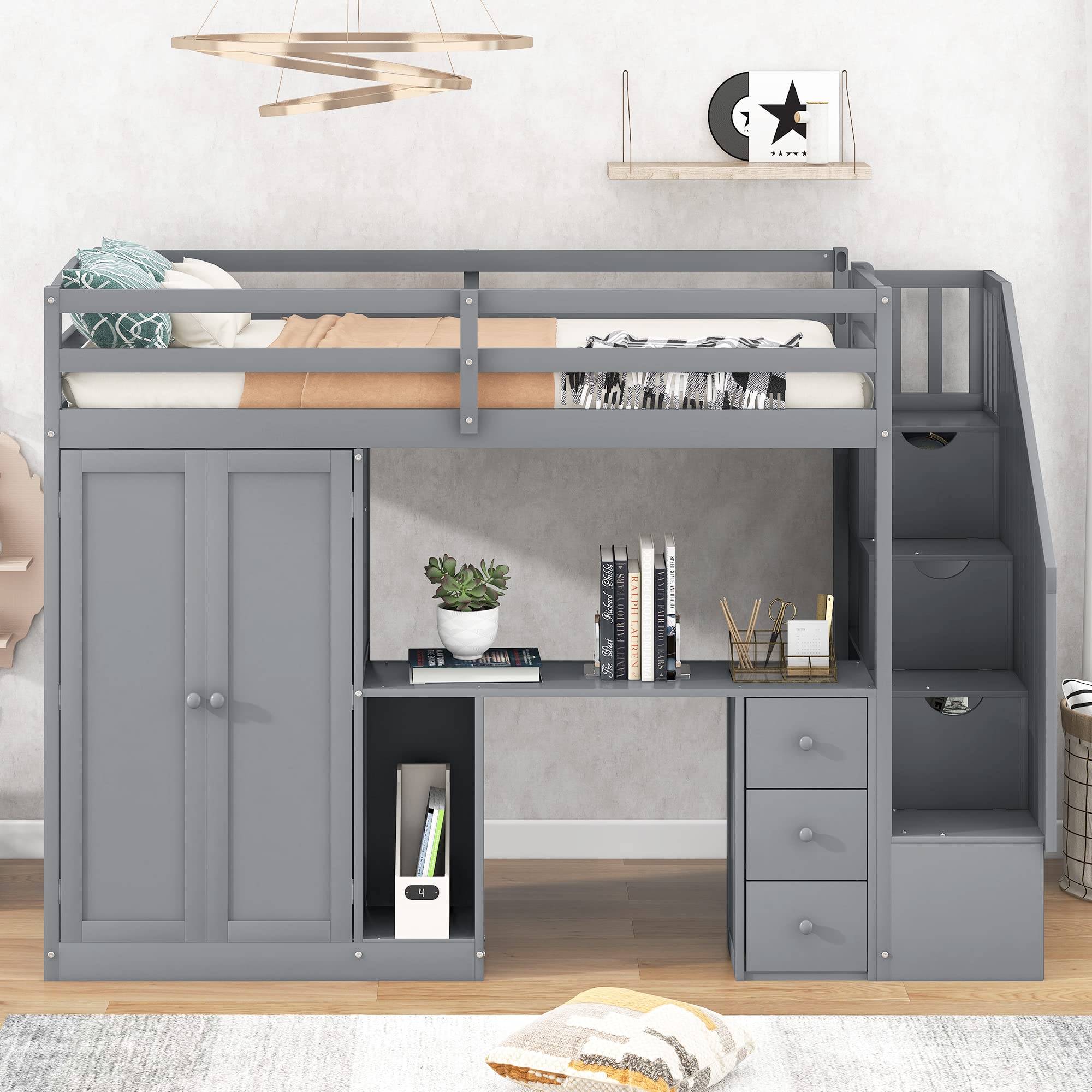 Gray Twin Size Loft Bed with Stairs and Desk, Wooden Twin Loft Bed with Wardrobe and Storage Drawers, High Loft Bed Frame for Kids, Teens, Adults Boys & Girls, Loft Bed Twin with Storage