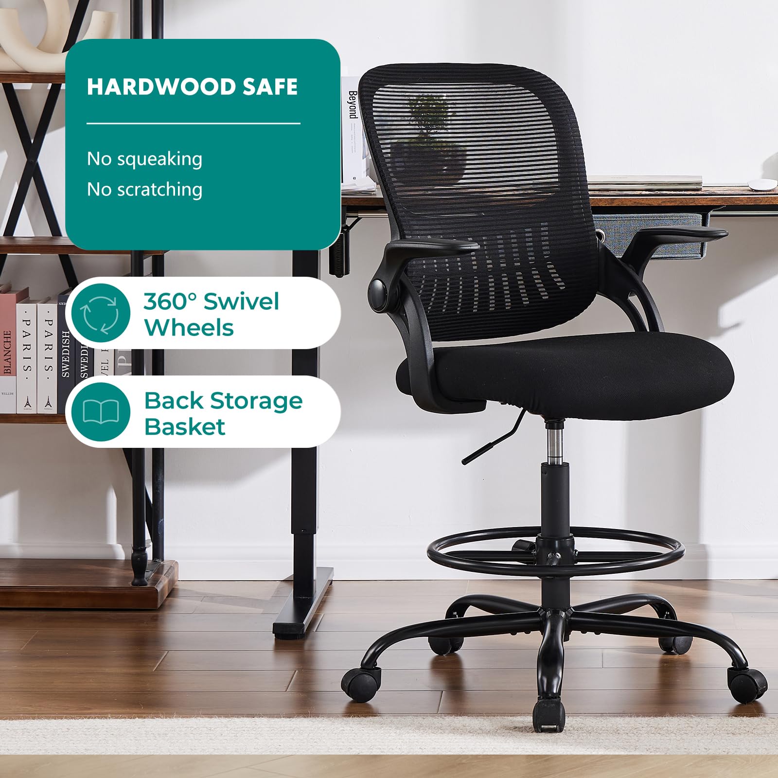 SMUG Drafting Chair, Tall Office Chair Tall Standing Desk Chair Counter Height Adjustable Office Chair with Flip-up Arms, Mid Back Mesh Office Drafting Chairs, Black