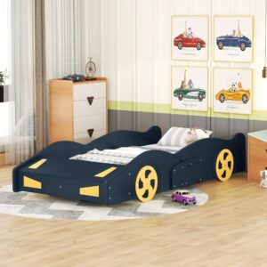 Harper & Bright Designs Twin Size Car-Shaped Platform Bed with Storage and Wheels, Kids Twin Bed Montessori Bed Wood Frame, Slats Included, No Box Spring Needed (Dark Blue+Yellow)