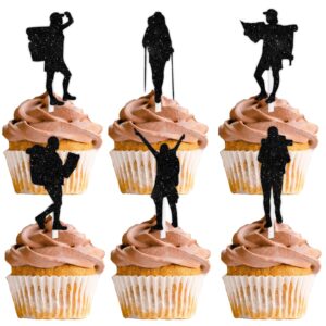 18pcs black glitter silhouette dessert cupcake topper adventure awaits bon voyage tree mountain wilderness forest theme decorations retirement graduation travel party decor supplies