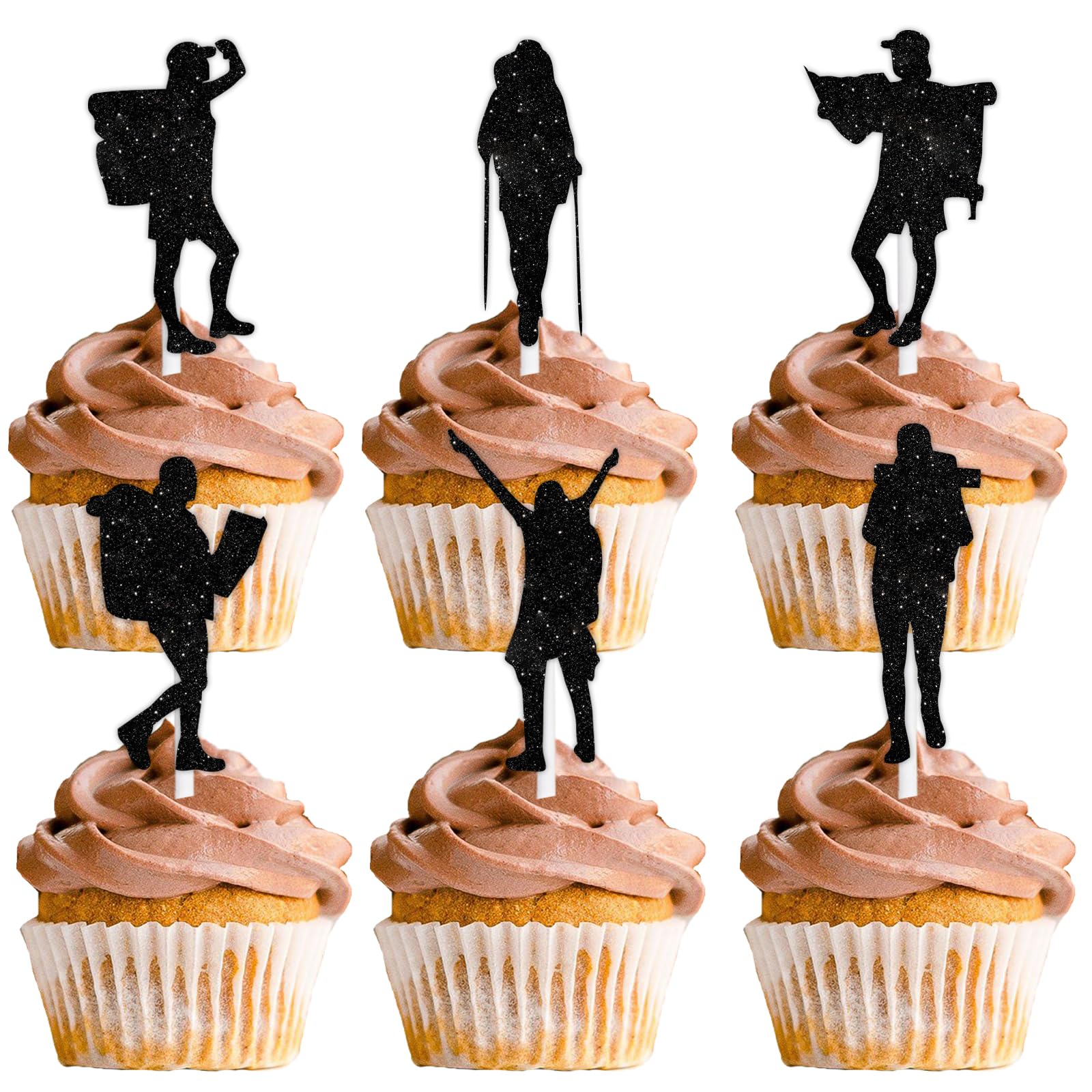 18pcs Black Glitter Silhouette Dessert Cupcake Topper Adventure Awaits Bon Voyage Tree Mountain Wilderness Forest Theme Decorations Retirement Graduation Travel Party Decor Supplies