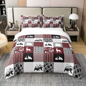 rustic patchwork 100% cotton duvet cover queen size, bear moose deer comforter cover, retro camouflage bedding set, farmhouse hunting theme soft breathable bedspread cover with zipper & corner ties