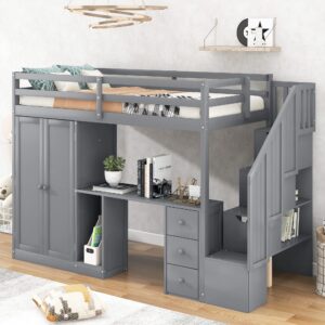 Gray Twin Size Loft Bed with Stairs and Desk, Wooden Twin Loft Bed with Wardrobe and Storage Drawers, High Loft Bed Frame for Kids, Teens, Adults Boys & Girls, Loft Bed Twin with Storage