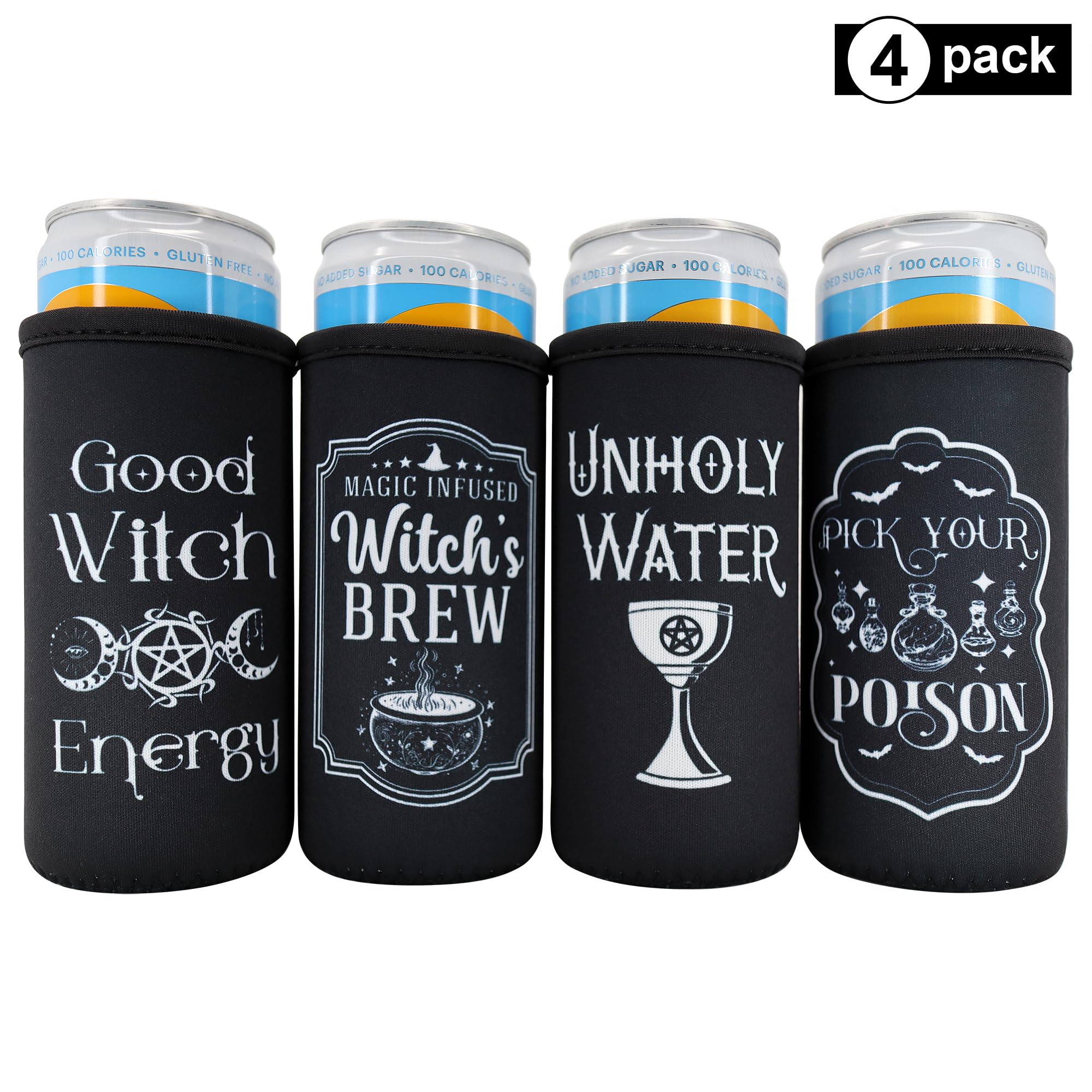 Witchy 12oz Slim Can Coolers - Stocking Stuffer Gothic Gift for Women, Adult Boo Basket for Her, Goth Car Accessories, Insulated 12 oz. Tall Skinny Can Cooler, Funny Witch Stuff Slim Can Sleeves