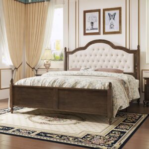 luxoak king size wood bed frame with upholstered headboard, solid wood platform bed with linen tufted, no box spring needed, easy assembly, walnut