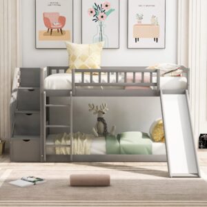 harper & bright designs low bunk bed with slide and stairs, twin over twin wooden bunk bed frame with storage, for kids girls boys - gray