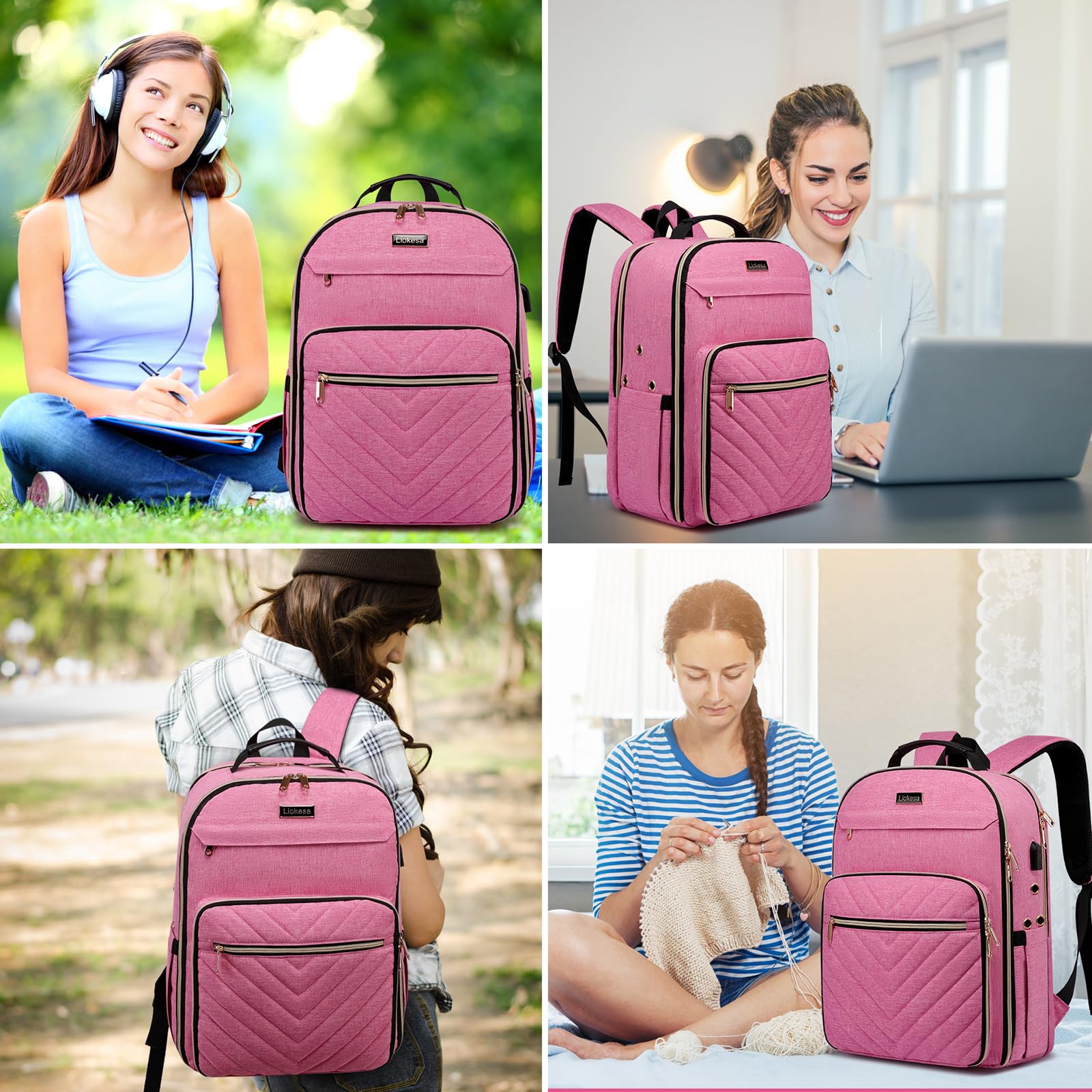 Knitting Bag Backpack, Crochet Bag Tote, Large Yarn Storage Tote Bag with USB Charging Port, Yarn Holder Case for Carrying Projects, Knitting Needles, Yarn Supplies, Pink