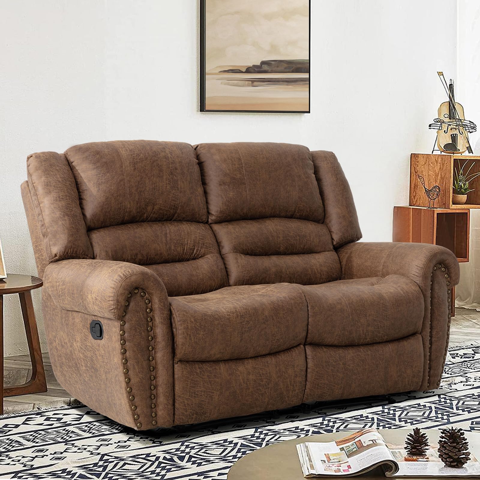 EBELLO Faux Leather Manual Loveseat Recliner, 2 Seat Reclining Sofa Chair with Soft Padded Seat Backrest, Couch Sofa Set for Living Room, Bedroom Furniture, Meeting Room, Brown (Loveseat)