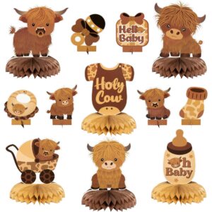 12pcs highland cow honeycomb centerpieces brown highland cattle baby shower party table decorations holy cow gender reveal cutouts welcome baby party table toppers photo props decor for baby