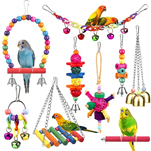 YIXUND Bird Toys for Conures with Colorful Ladder Hammock Bird Cage Accerious Bird Perch Stand Chewing Toys Hanging Bell for Parrot Parakeet Cockatiel Lovebirds