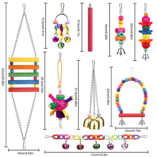 YIXUND Bird Toys for Conures with Colorful Ladder Hammock Bird Cage Accerious Bird Perch Stand Chewing Toys Hanging Bell for Parrot Parakeet Cockatiel Lovebirds