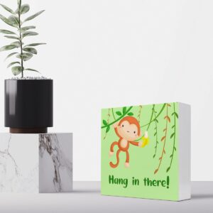 Hang in There Monkey Hanging on Tree Wood Block Sign Desk Decor,Cute Baby Monkey Woodland Animals Wooden Box Plaque Sign Desk Decor for Nursery Kids Bedroom Playroom Classroom Decorations