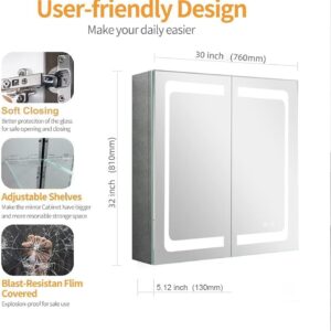 Janboe Stainless Steel LED Medicine Cabinet,Bathroom Mirror Cabinet with Light,3 Color,Dimmable,Equipped with Defogger,USB Shavor Socket,Internal Light,30×32 Inch