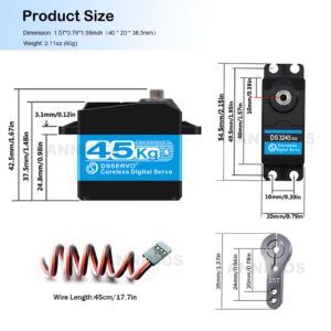 ANNIMOS 45KG High Torque Servo 8.4V Coreless RC Steering Servo Motors Stainless Steel Gear Low Profile Waterproof for 1/8 1/10 1/12 Scale Cars DIY Robotic - 180 Degree