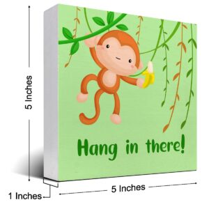 Hang in There Monkey Hanging on Tree Wood Block Sign Desk Decor,Cute Baby Monkey Woodland Animals Wooden Box Plaque Sign Desk Decor for Nursery Kids Bedroom Playroom Classroom Decorations