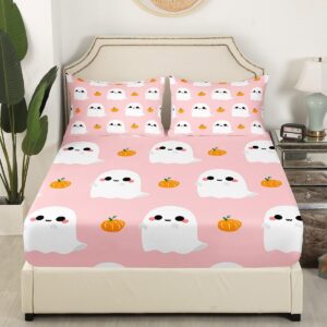 Cartoon Ghost Bed Sheets Set Kawaii Gothic Sheet Set Halloween Pumpkin Decorations,Pumpkin Lantern Flat Fitted Sheet Full,Cute Shadows Pattern Spooky Silhouette Halloween Party Decorations