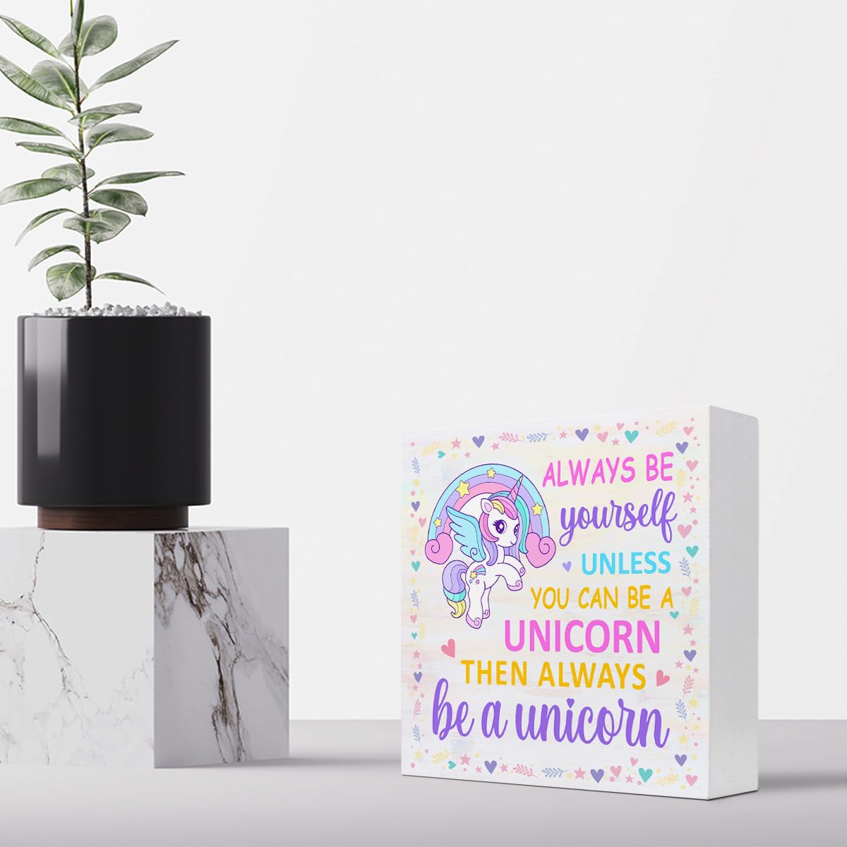 Always Be Yourself Unless You Can Be a Unicorn Inspirational Wood Block Sign Desk Decor,Cute Unicorn Wooden Box Plaque Sign Desk Decor for Nursery Girls Room Bedroom Playroom Decorations