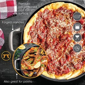 Outset Grill Paella and Deep Dish Pizza Pan, Cast Iron BBQ Pan with Handles, 18.15” x 14.11” x 1.25"