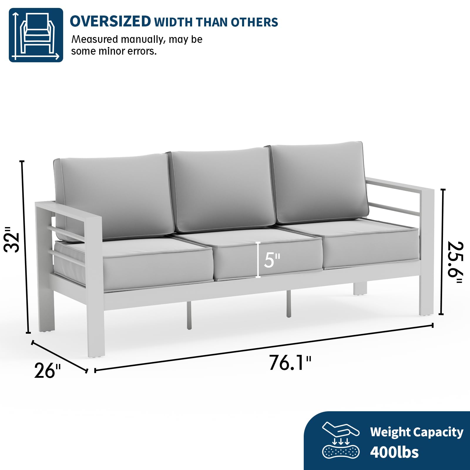 UDPATIO Outdoor Couch Aluminum Patio Furniture Sofa, 3 Seats Couch with 5" Thick Cushion and Waterproof Cover