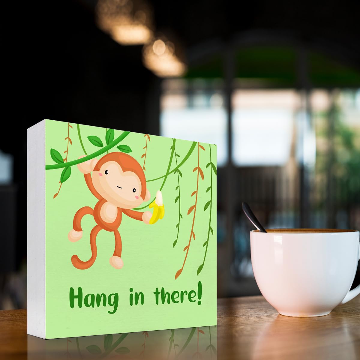 Hang in There Monkey Hanging on Tree Wood Block Sign Desk Decor,Cute Baby Monkey Woodland Animals Wooden Box Plaque Sign Desk Decor for Nursery Kids Bedroom Playroom Classroom Decorations