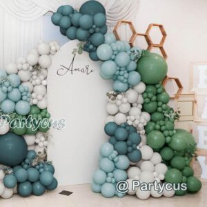 Dusty Blue and Green Balloon Garland - Double Stuffed Sage Green Teal White Matte Balloons Olive Slate Blue Boho Balloon Arch Kit for Baby Shower Neutral Birthday Bridal Party Decoration