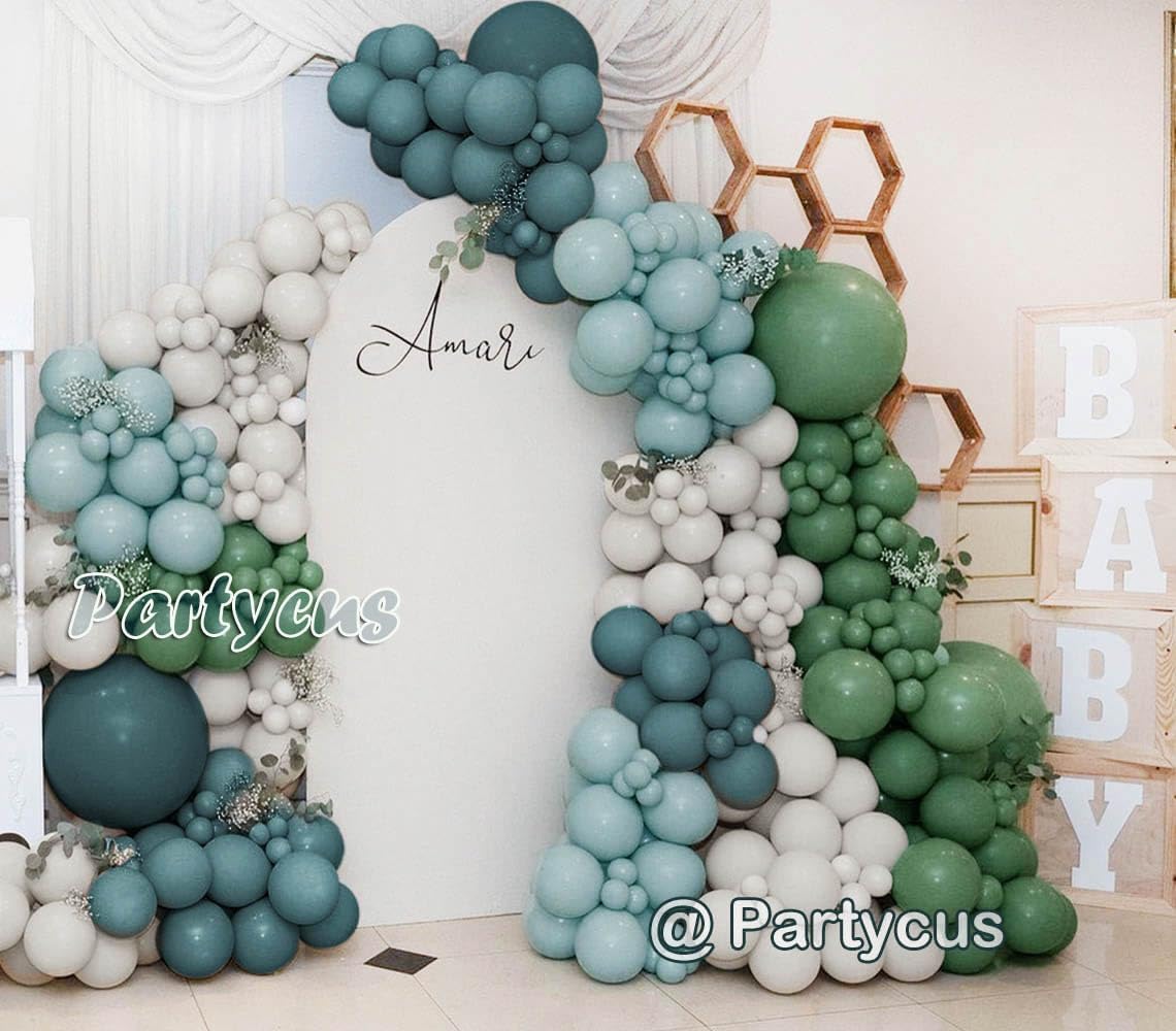 Dusty Blue and Green Balloon Garland - Double Stuffed Sage Green Teal White Matte Balloons Olive Slate Blue Boho Balloon Arch Kit for Baby Shower Neutral Birthday Bridal Party Decoration