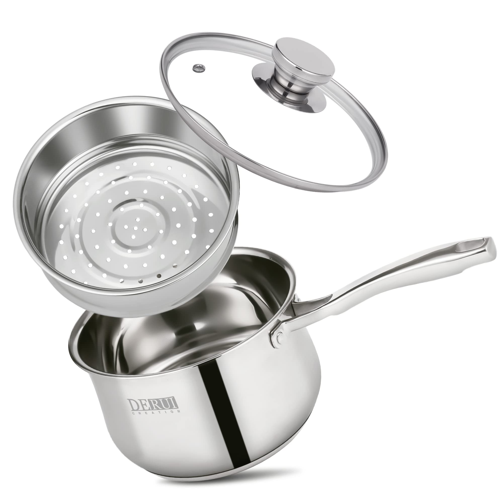 DERUI CREATION Stainless Steel Saucepan 16cm | 1.5 Quart with Steamer Basket and Glass Lid Milk Pan Steamer Pot Soup Pot Small Pot Induction Safe