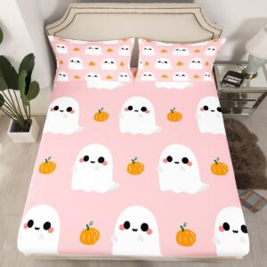 Cartoon Ghost Bed Sheets Set Kawaii Gothic Sheet Set Halloween Pumpkin Decorations,Pumpkin Lantern Flat Fitted Sheet Full,Cute Shadows Pattern Spooky Silhouette Halloween Party Decorations