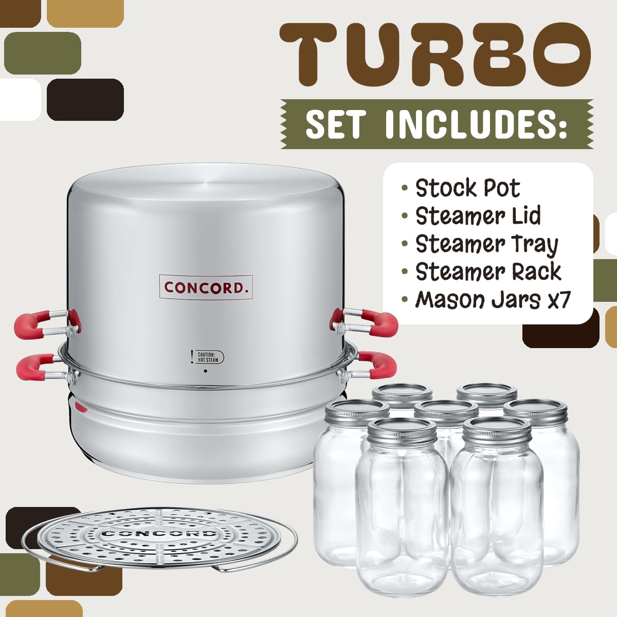 Concord Stainless Steel Turbo Steam Canner Canning Steamer Pot Set. Includes Canning Rack and Mason Jars (Induction Compatible).