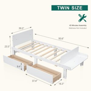 Dolonm Twin Bed Frames for Kids with 2 Drawers, Storage Platform Bed with Footboard Bench, Twin Kids Bed Headboard Frame Pine Wood, High Stable, No Box Spring Needed, Twin Bed for Kids, White