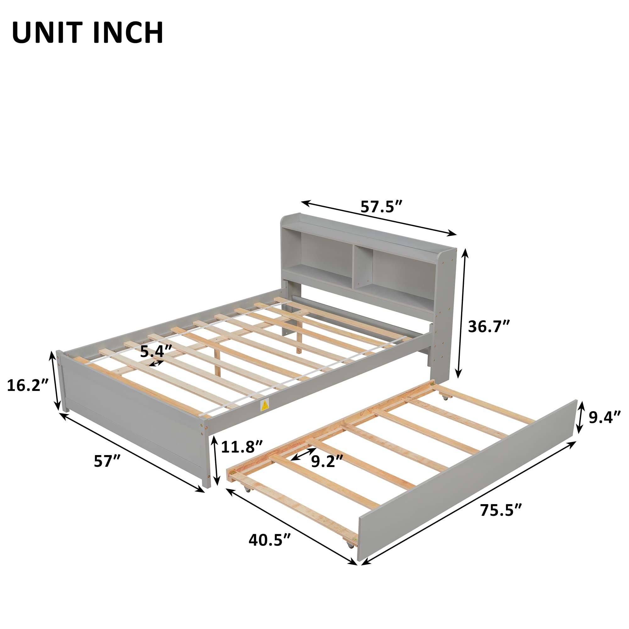 Bellemave Full Bookcase Bed with Trundle, Wood Platform Beds with Storage Headboard and Slat Support for Kids Boys Girls Teens, No Box Spring Needed, Full Size, Gray