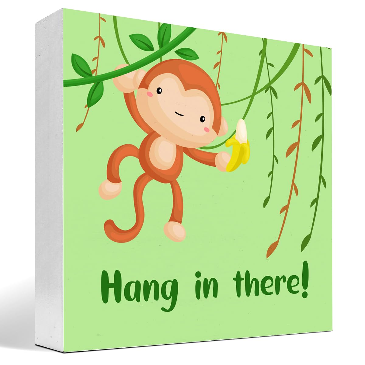 Hang in There Monkey Hanging on Tree Wood Block Sign Desk Decor,Cute Baby Monkey Woodland Animals Wooden Box Plaque Sign Desk Decor for Nursery Kids Bedroom Playroom Classroom Decorations