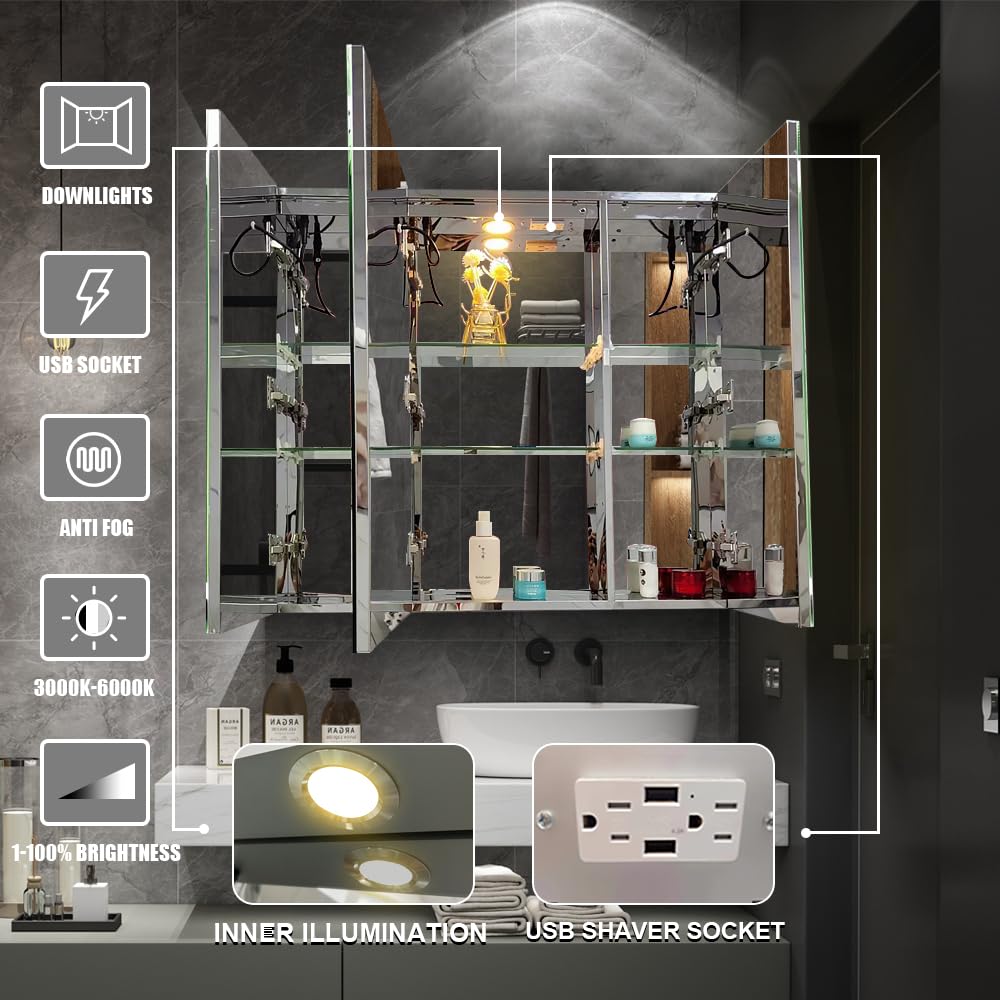 Janboe Stainless Steel LED Medicine Cabinet,Bathroom Mirror Cabinet with Light,3 Color,Dimmable,Equipped with Defogger,USB Shavor Socket,Internal Light,36×32 Inch