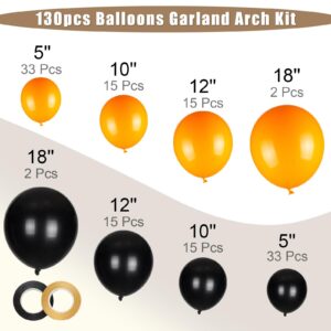 130pcs Black and Orange Balloons Garland Arch Kit, 18 12 10 5 Inch Different Sizes Pack Latex Balloon for Birthday Graduation Halloween Party Decoration