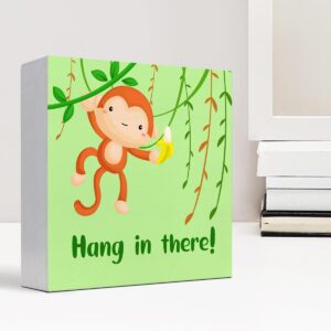 Hang in There Monkey Hanging on Tree Wood Block Sign Desk Decor,Cute Baby Monkey Woodland Animals Wooden Box Plaque Sign Desk Decor for Nursery Kids Bedroom Playroom Classroom Decorations