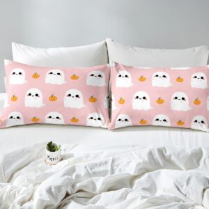 Cartoon Ghost Bed Sheets Set Kawaii Gothic Sheet Set Halloween Pumpkin Decorations,Pumpkin Lantern Flat Fitted Sheet Full,Cute Shadows Pattern Spooky Silhouette Halloween Party Decorations