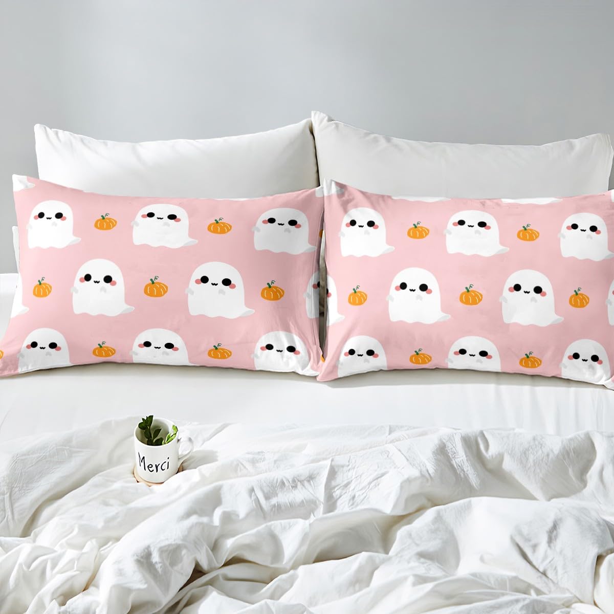 Cartoon Ghost Bed Sheets Set Kawaii Gothic Sheet Set Halloween Pumpkin Decorations,Pumpkin Lantern Flat Fitted Sheet Full,Cute Shadows Pattern Spooky Silhouette Halloween Party Decorations