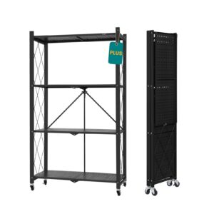 alanng storage shelves with wheels, bookshelf with storage, no assembly metal rack shelf for kitchen, office, laundry, garage (4 tier, black)